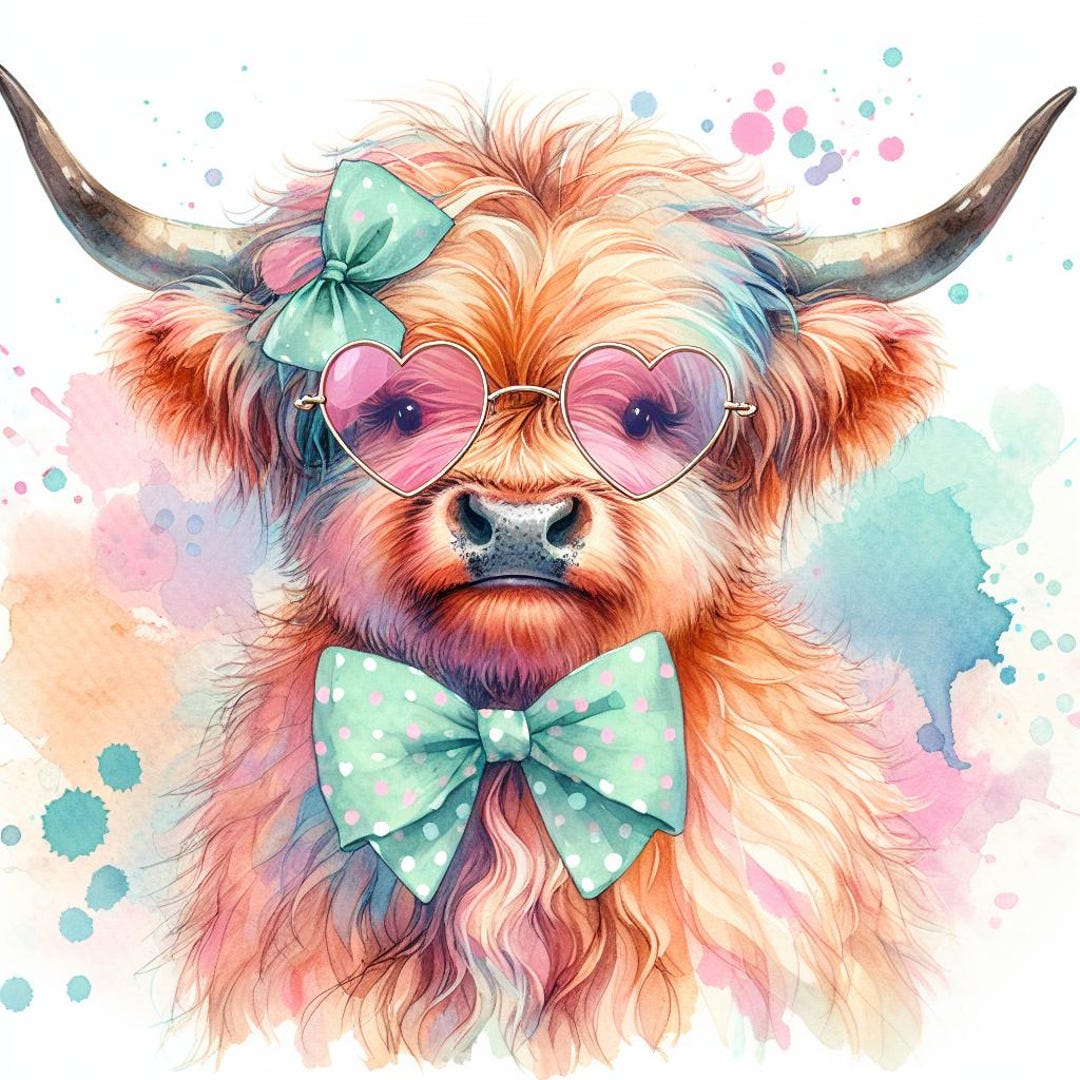 Coquette Cow PNG, Highland Cow Digital Download, Bow Tie Cow Art, Heart ...