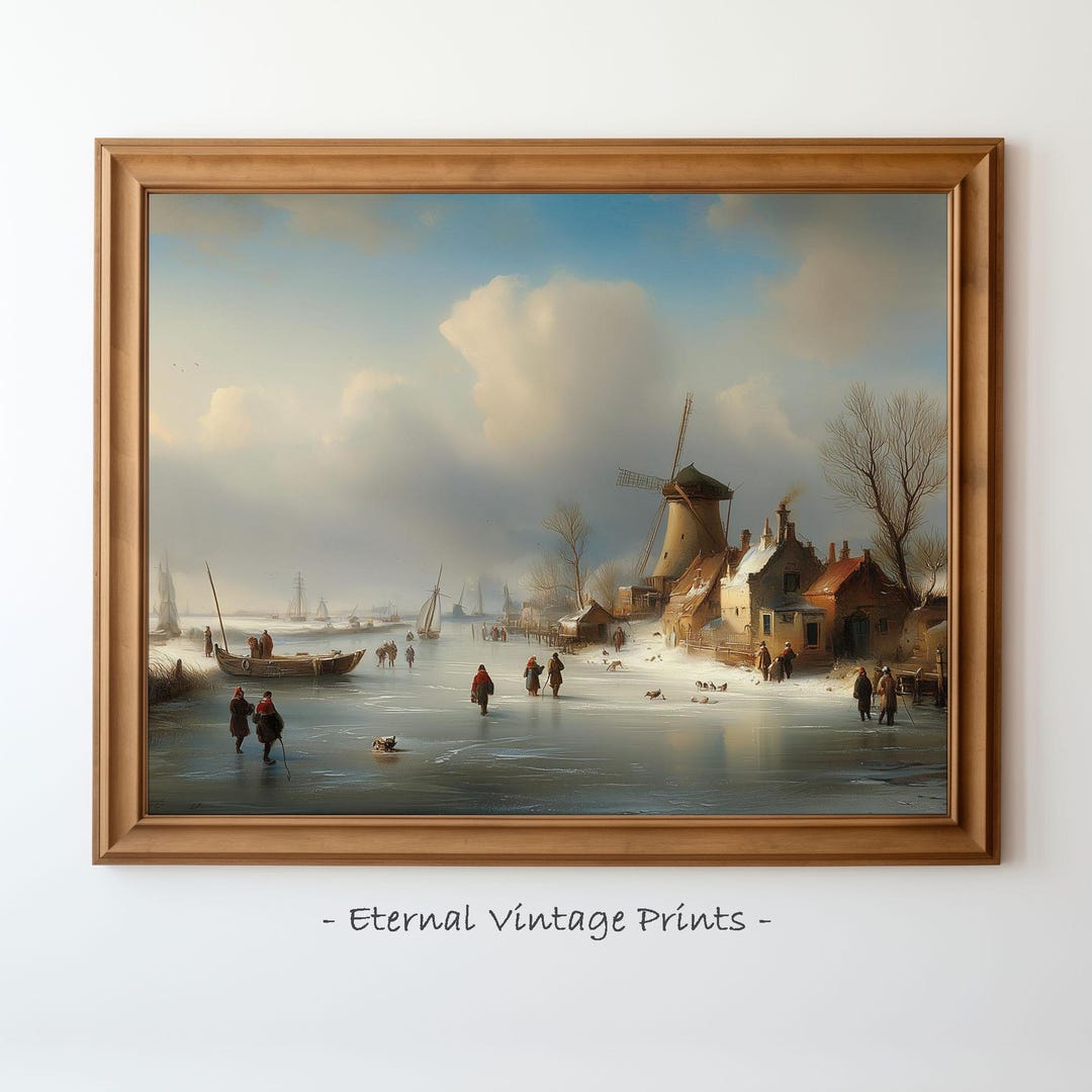 Snowfall in Dutch Winter Windmill Scene | Frozen Canal Painting ...