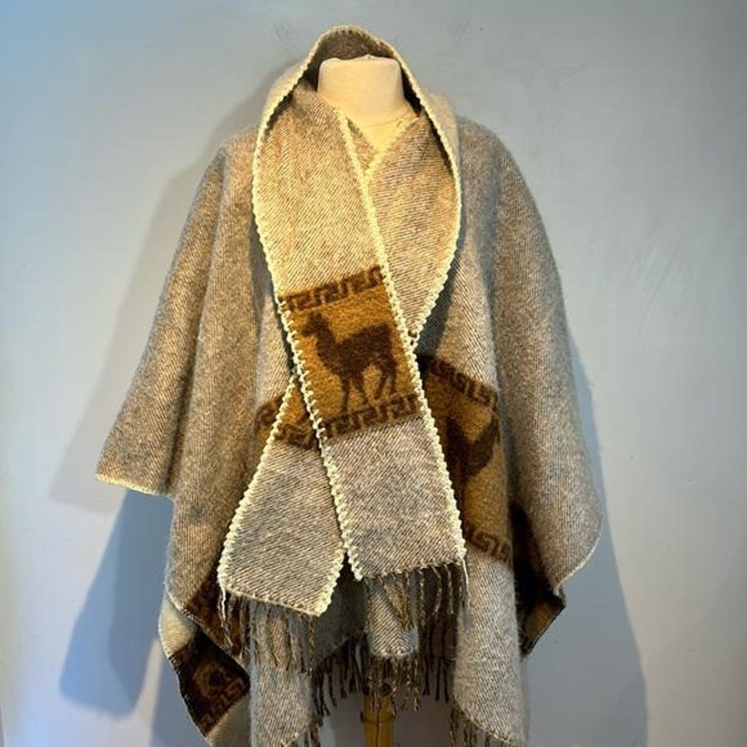 ABA Textil Peruvian Alpaca Poncho With Attached Scarf - Etsy