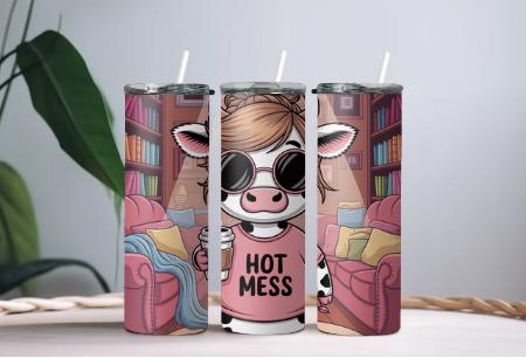 Hot Mess Cow PNG & SVG - Funny Coffee Cow in Cozy Book-filled Living ...