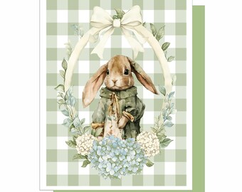 Blue Hydrangea Bunny Checkered Bow, Note Card, Blank Inside, Bunny Card ...