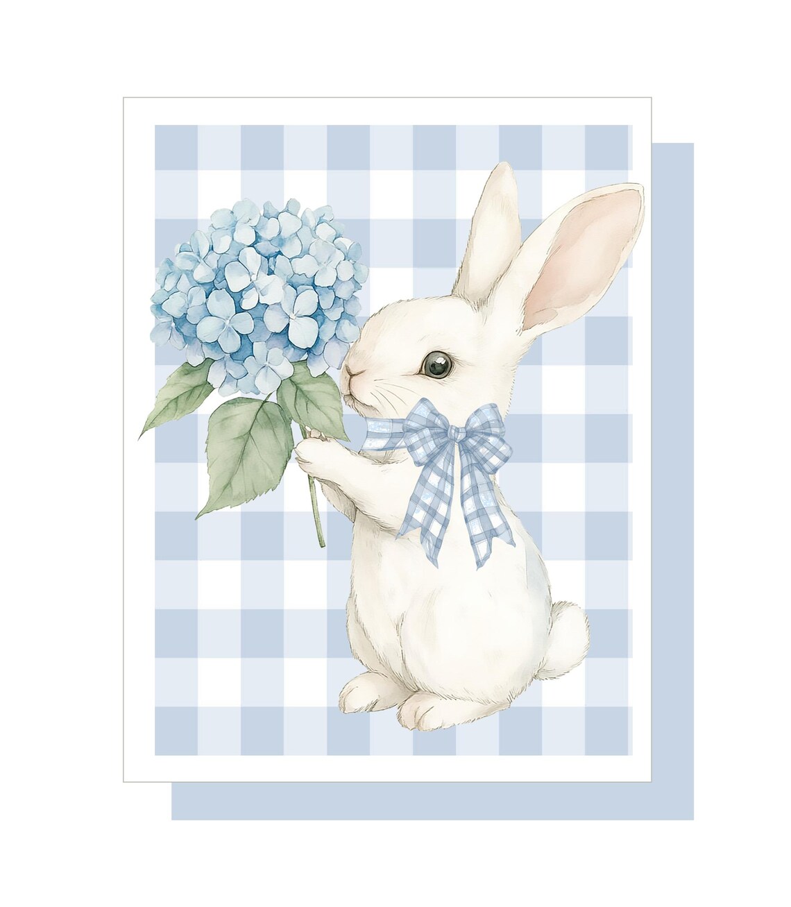 Blue Hydrangea Bunny Checkered Bow, Note Card, Blank Inside, Bunny Card ...