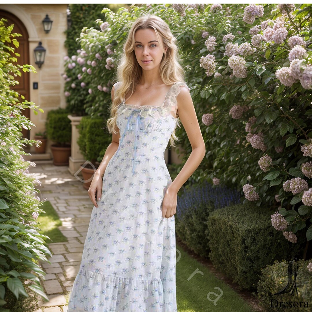Floral Cottagecore Dress – Blue Lace Trim Midi Dress for Women ...