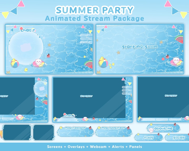 Summer Party Animated Stream Overlay Package – Cute Kawaii Vtuber ...