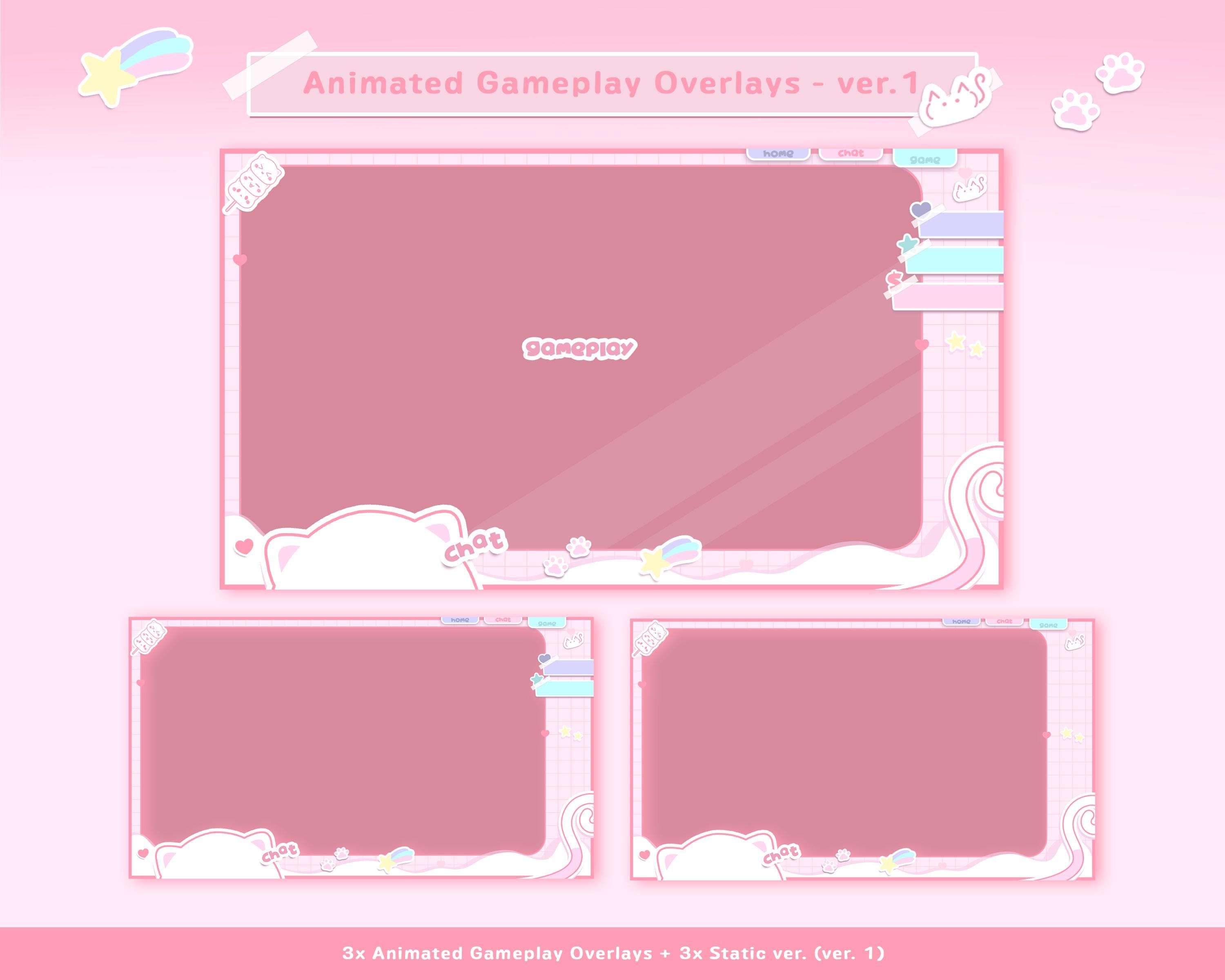 Animated Pink Cat Stream Overlay – Kawaii Vtuber Twitch Assets (digital ...