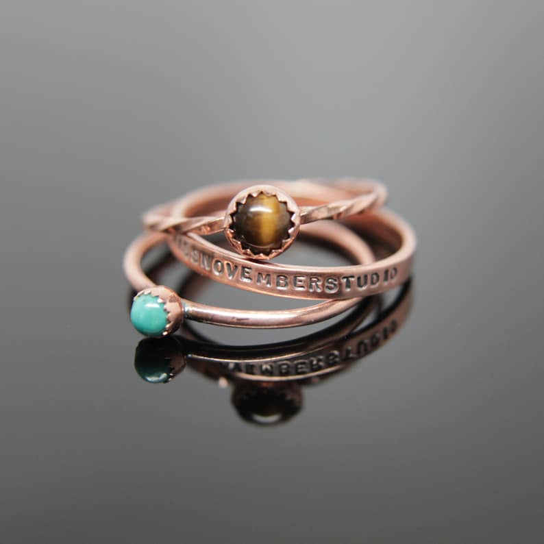 5 Copper Gemstone Rings. Set of Stackable Gemstone Rings - Etsy