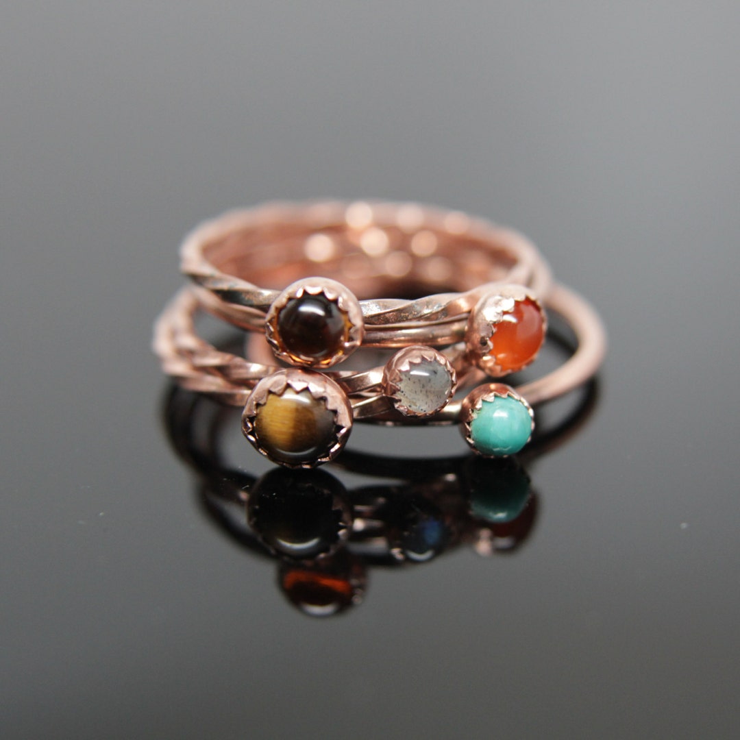 5 Copper Gemstone Rings. Set of Stackable Gemstone Rings Copper. - Etsy