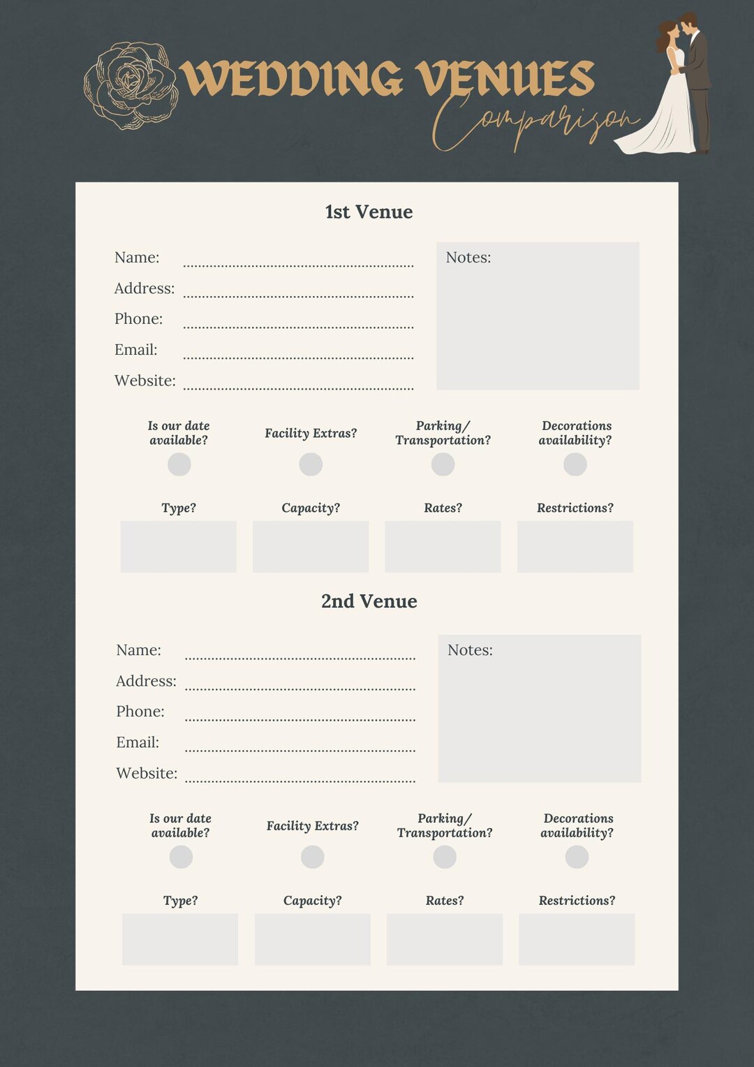 Wedding Venue Worksheet- Work Sheet- - Etsy