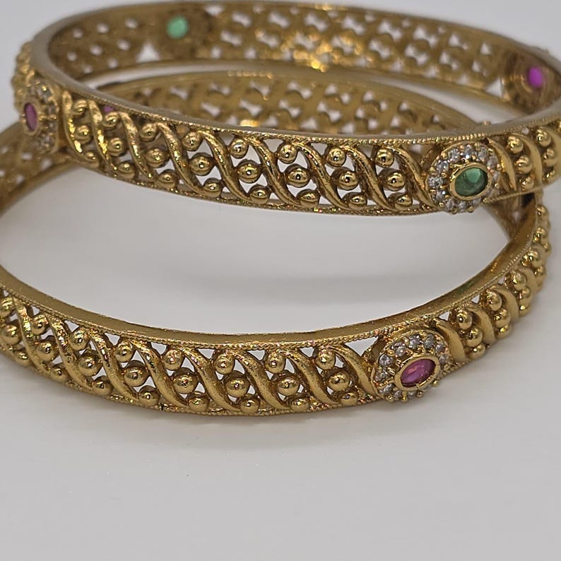 Matte Gold Indian Bangles Ruby Emerald Kemp Stone Kangan Set Sizes 2.4 ...