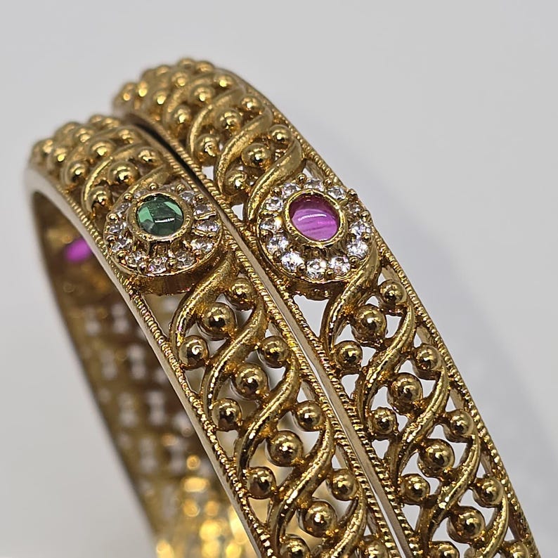 Matte Gold Indian Bangles Ruby Emerald Kemp Stone Kangan Set Sizes 2.4 ...
