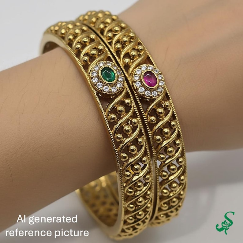 Matte Gold Indian Bangles Ruby Emerald Kemp Stone Kangan Set Sizes 2.4 ...