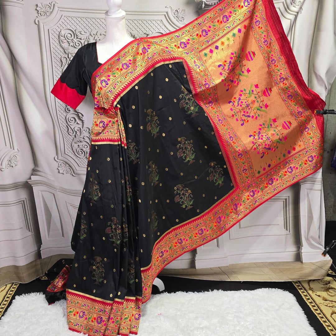 Black Paithani Silk Saree With Butti Weaving and Digital Print - Etsy