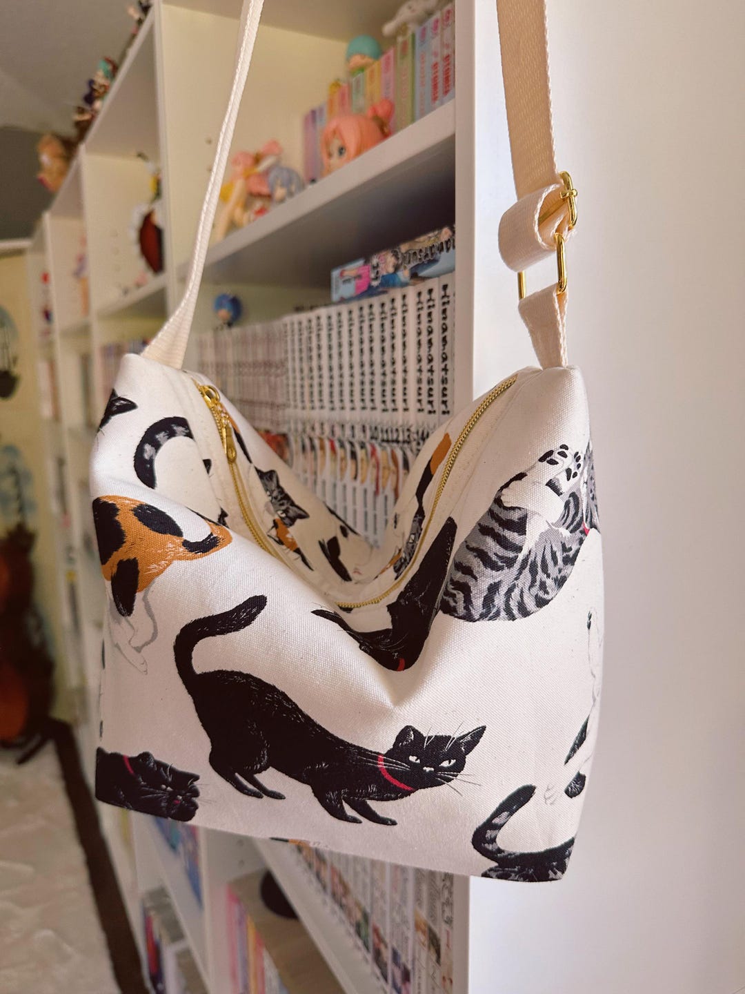 Handmade Cat Print Slouch Bag – Cute Canvas Crossbody Purse With ...
