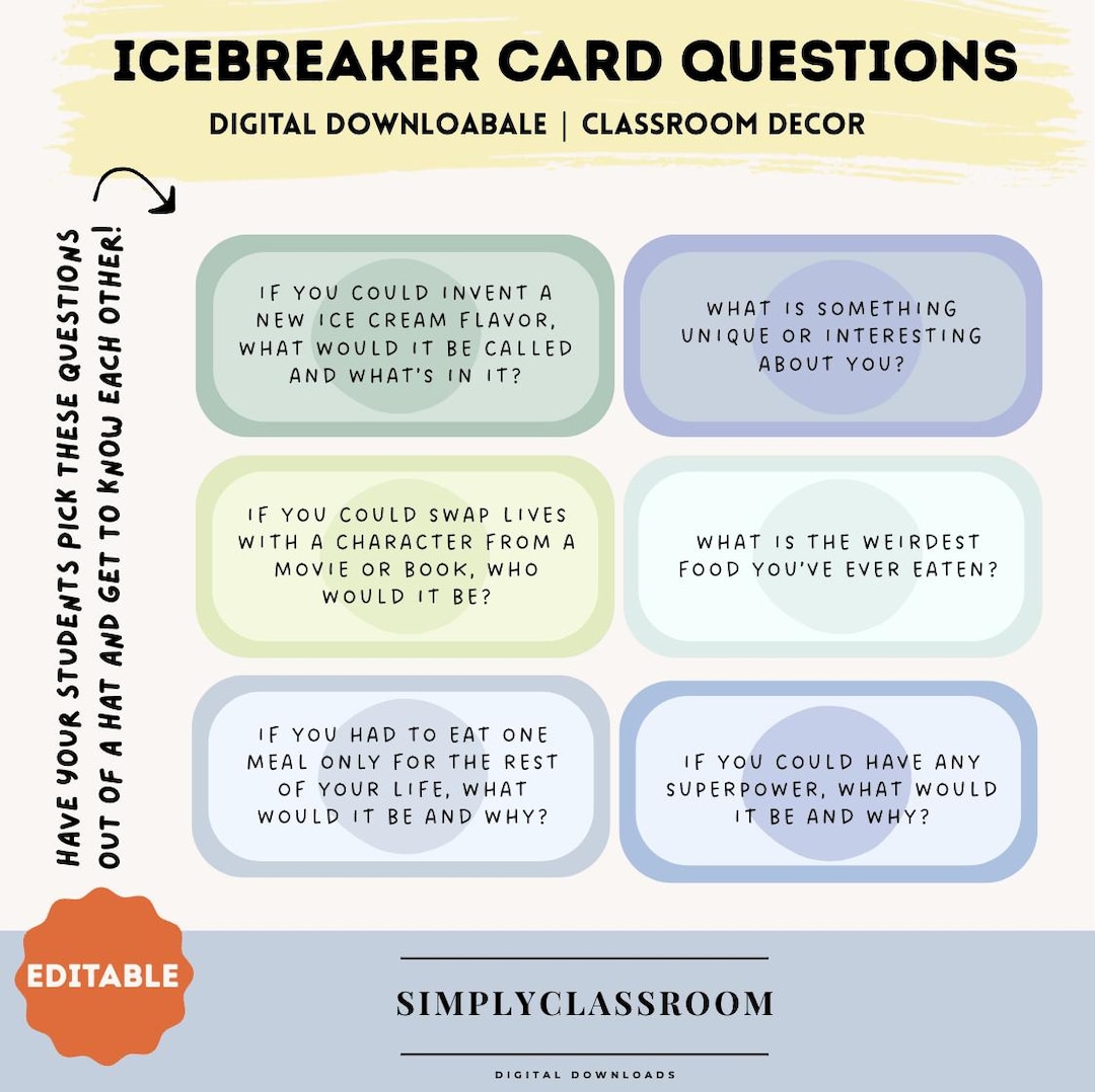 Digital, Downloadable, Icebreaker Cards | Colorful, Back to School ...