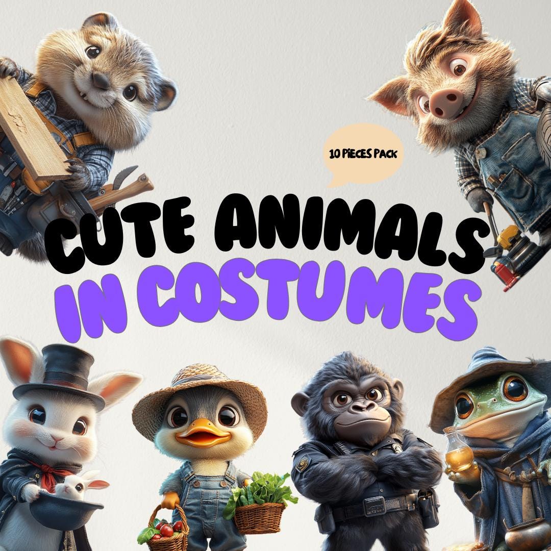 10 Cute Animals in Costume Clipart | Scrapbook, Junk Journal ...