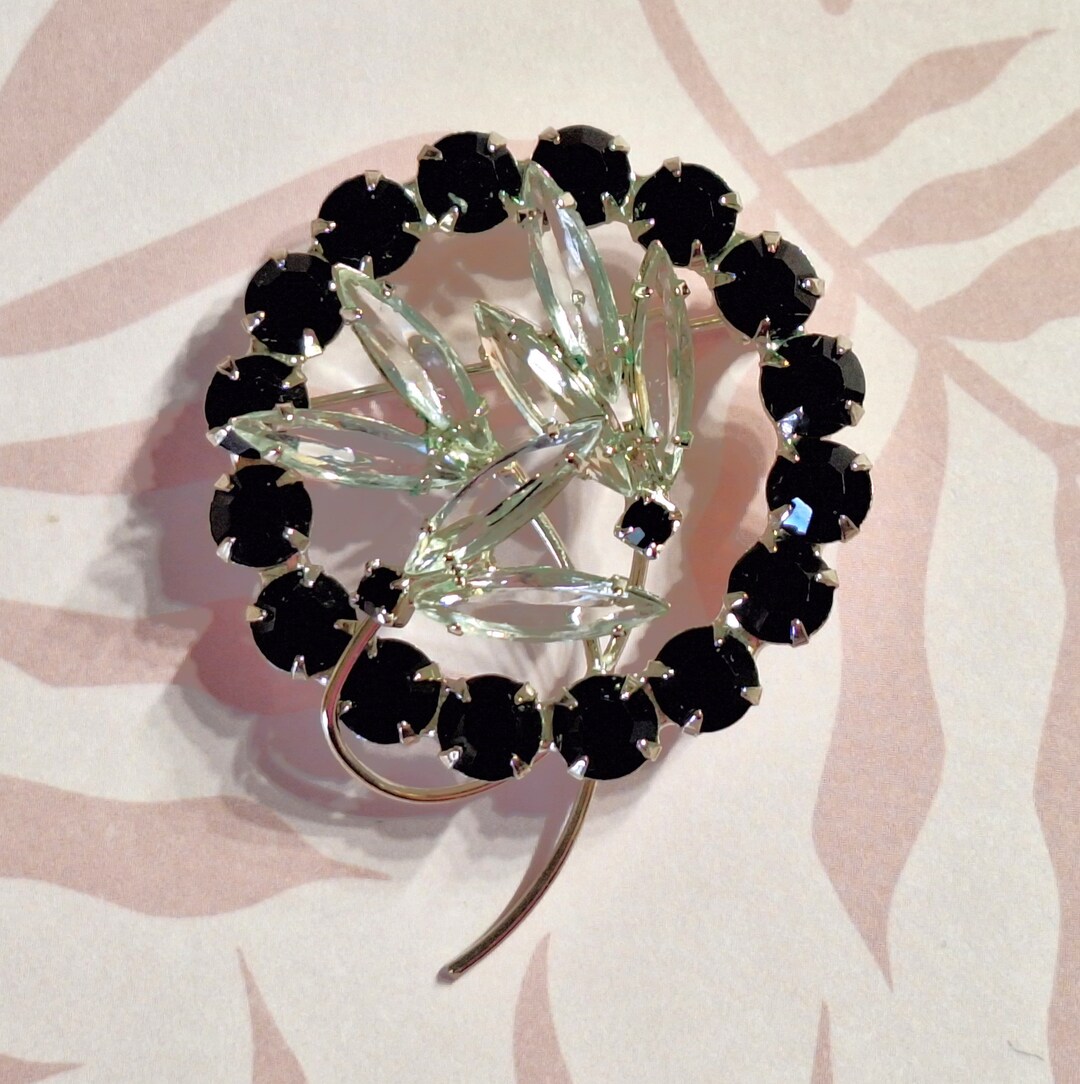 Vintage Floral Brooch With Round Black Glass Rhinestones, Long Navetter ...
