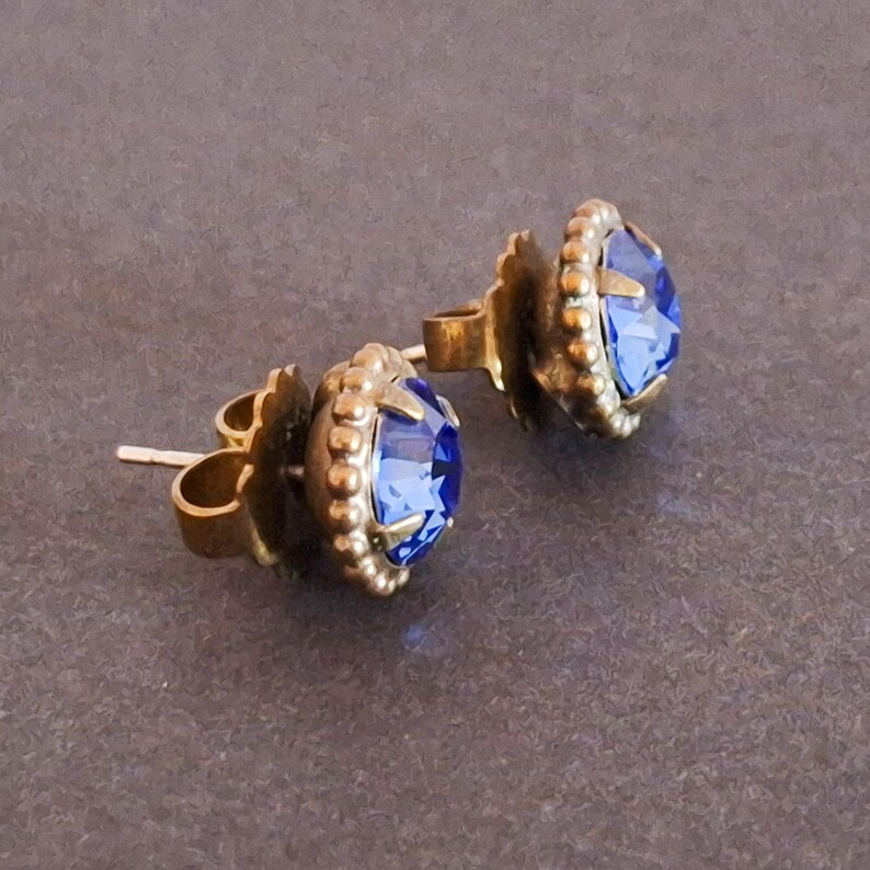 Vintage Sorrelli Brass and Blue Rhinestone Stud Earrings, Round With ...