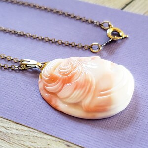 Delightful Vintage Faux Angel Skin Coral Cameo Pendant on 16 Inch Gold ...