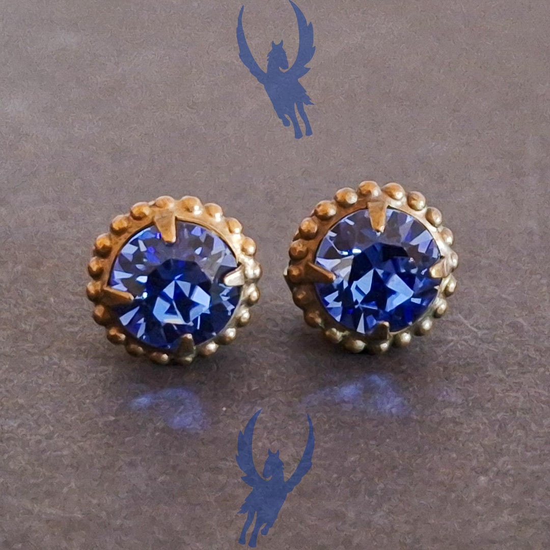 Vintage Sorrelli Brass and Blue Rhinestone Stud Earrings, Round With ...