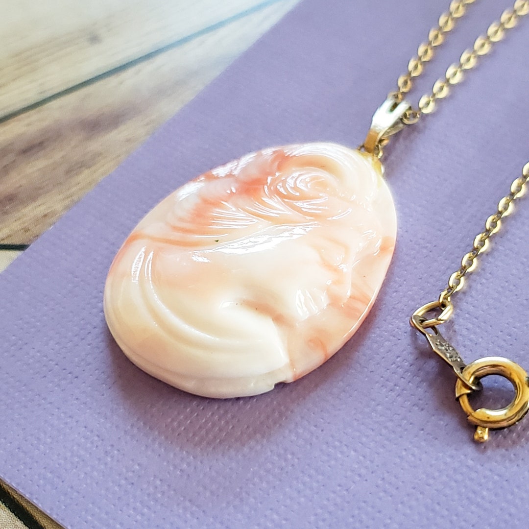 Delightful Vintage Faux Angel Skin Coral Cameo Pendant on 16 Inch Gold ...