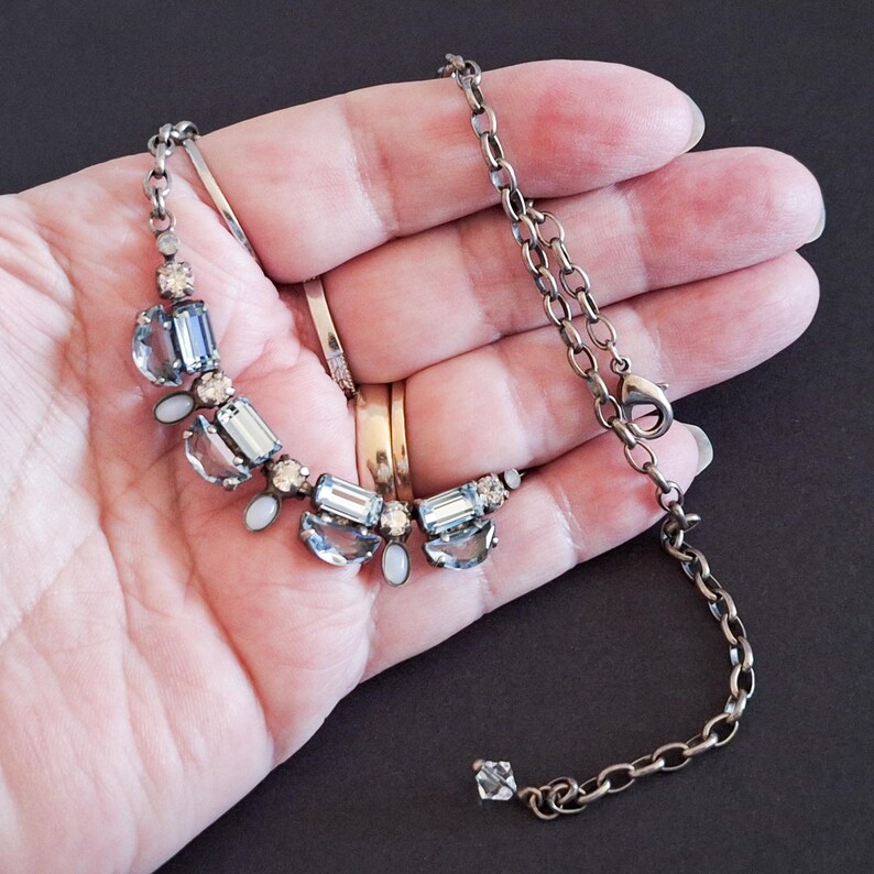 Vintage Sorrelli Necklace, Blue Rhinestones, Baguettes, Half Moons ...