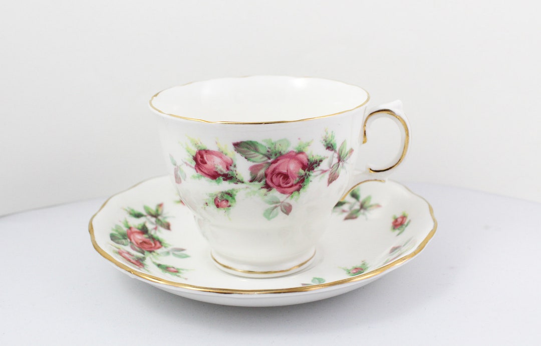 Vintage Rose Pattern Tea Cup and Saucer Set, Royal Vale Bone China Made ...