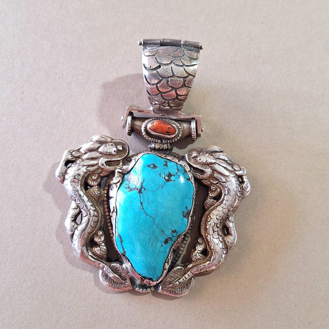 Large Vintage Tibetan or Nepali Dragons Turquoise Sterling Silver ...