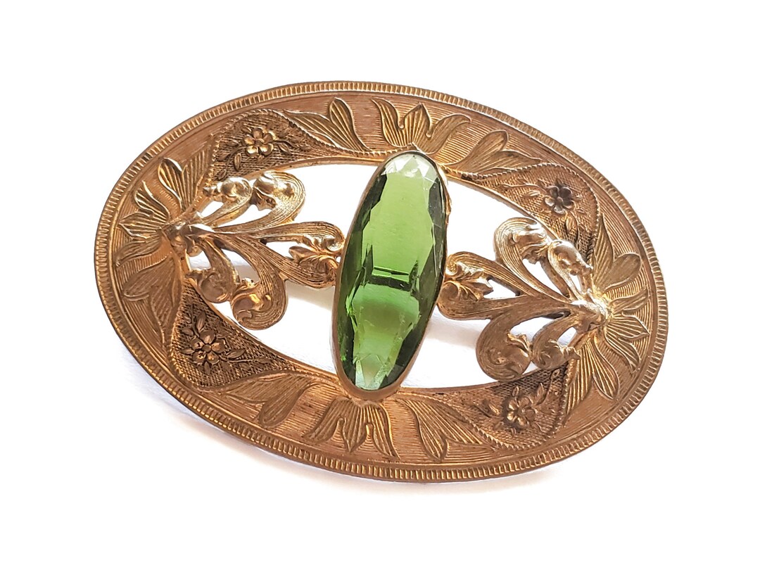 Vintage Sash Pin, Large Oval Floral Theme With Large Green Center Stone ...