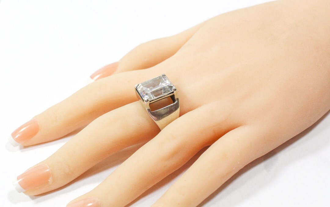Vintage Sterling ESPO Ring, High Top, Large Emerald Cut Clear Crystal ...