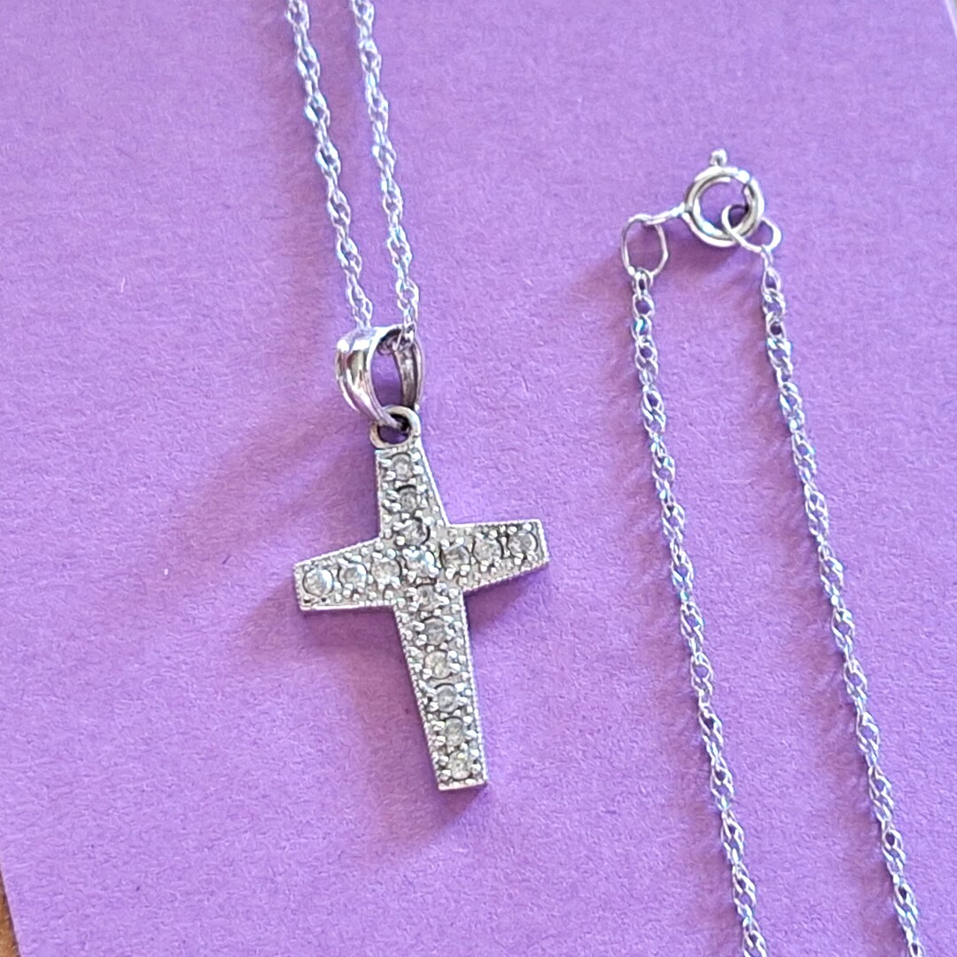 Vintage 14k White Gold Diamond Cross 20 Inch Necklace Chain Fine Dainty ...