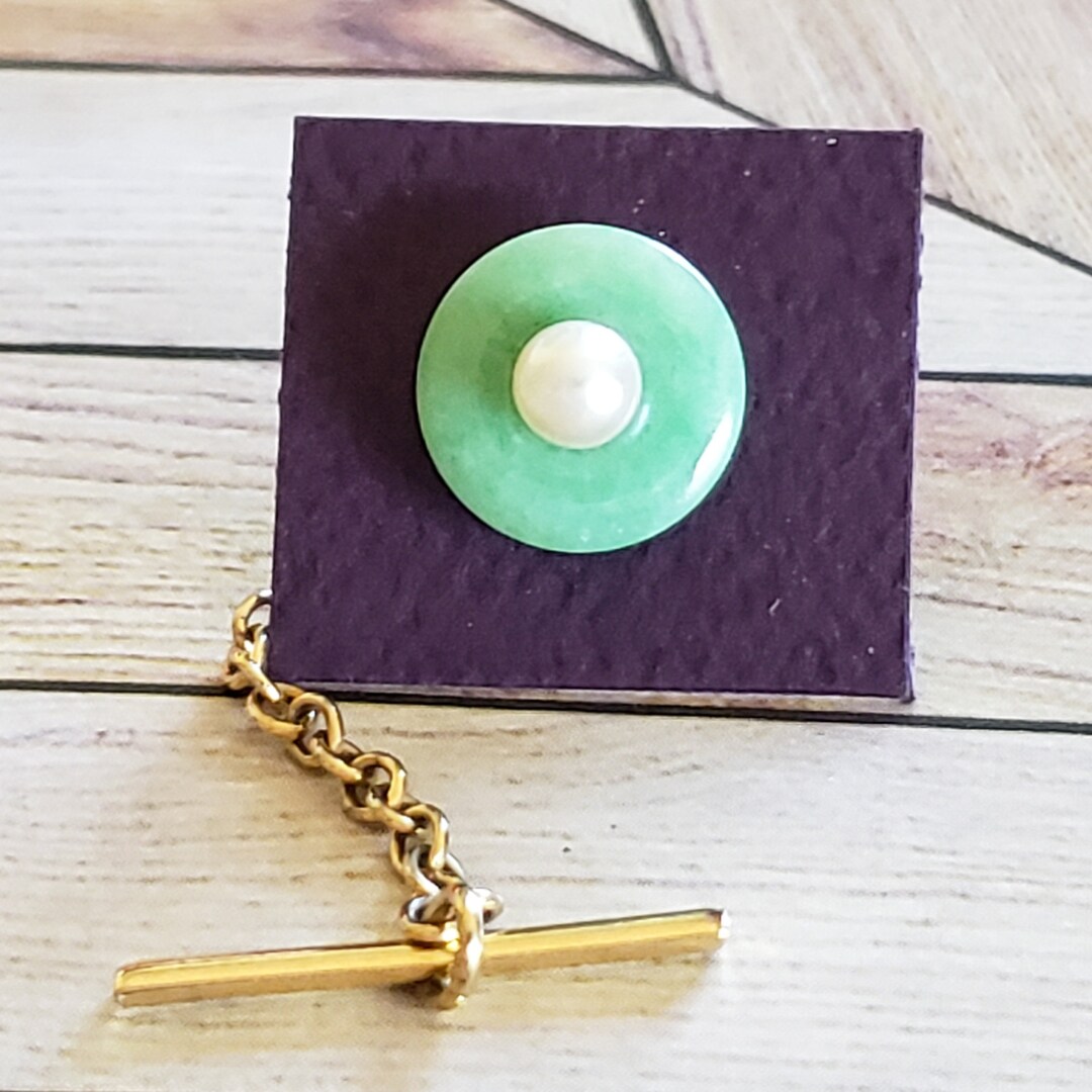 Vintage 14k Green Jade and Pearl Tie Tack or Lapel Pin, Necktie ...