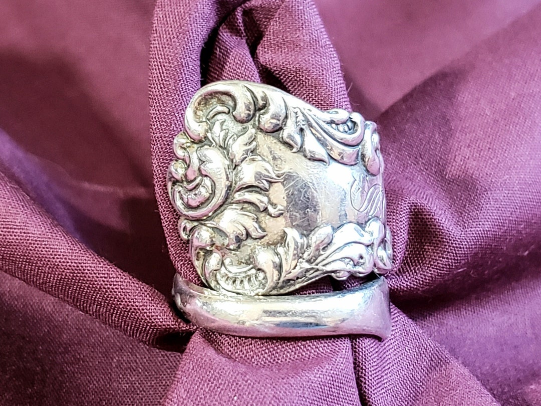 Vintage Sterling Silver Spoon Ring Large Adjustable Size Floral Pattern ...