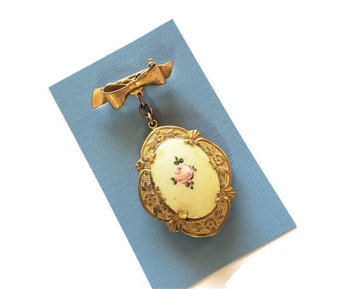 Vintage Locket Brooch, Floral Design, Guilloche Enamel With Rosette ...