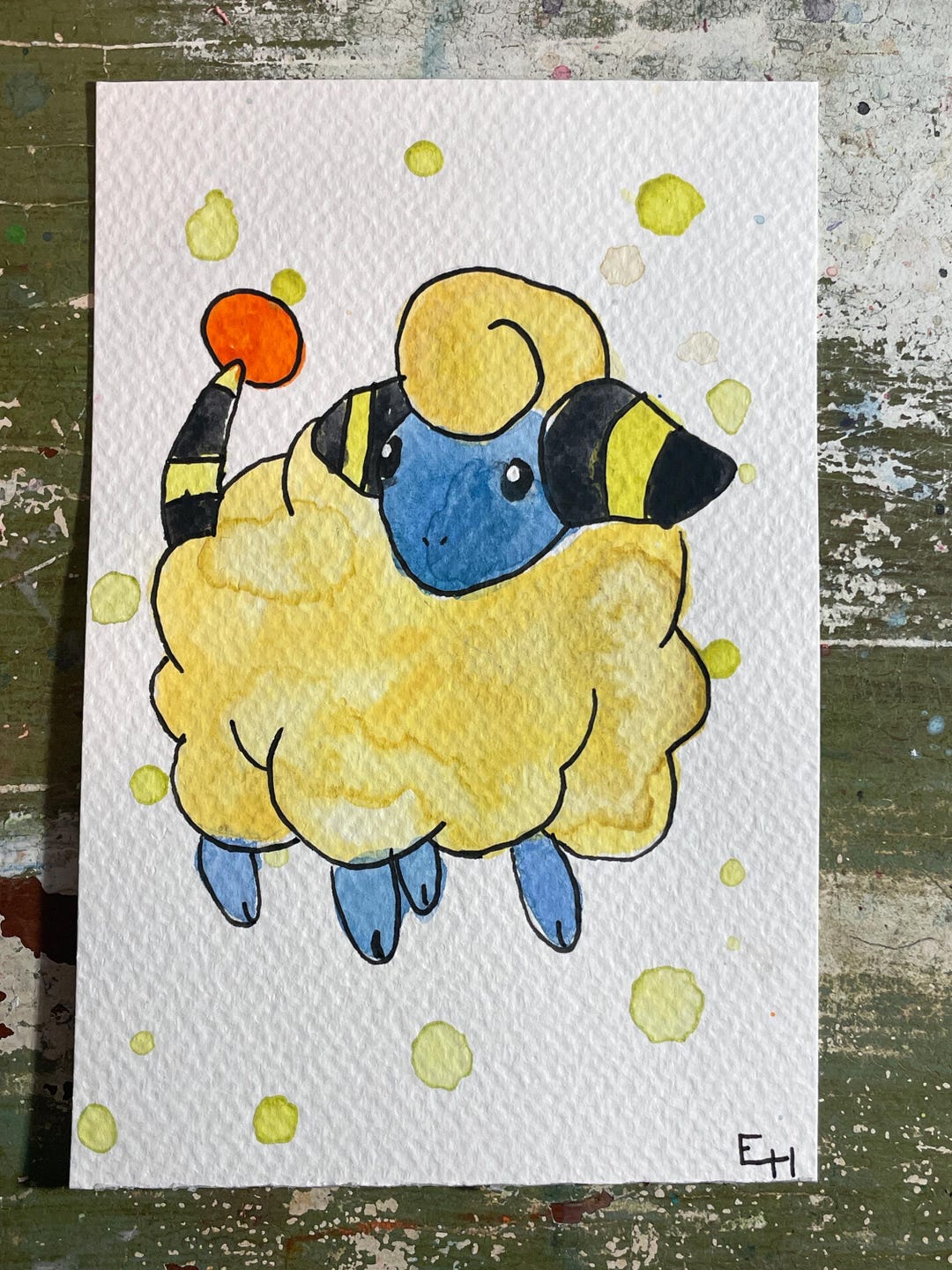 Hand-painted Pokémon Mareep Watercolor, 6”x4” Watercolor Painting, Wall ...