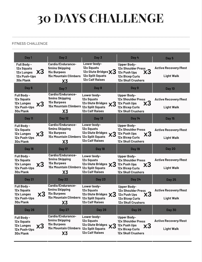 30-day Fitness Challenge Printable | Home Workout Plan | Full Body ...