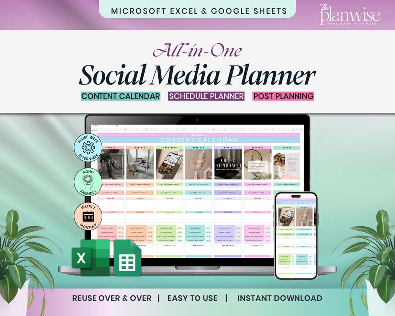 Social Media Content Planner, Google Sheets Content Calendar (digital ...