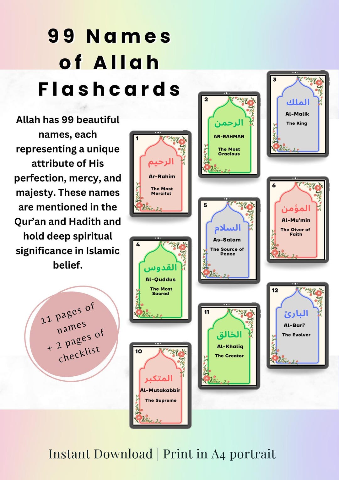 99 Names of Allah | Flashcards | Digital Download | Printable | Islam ...
