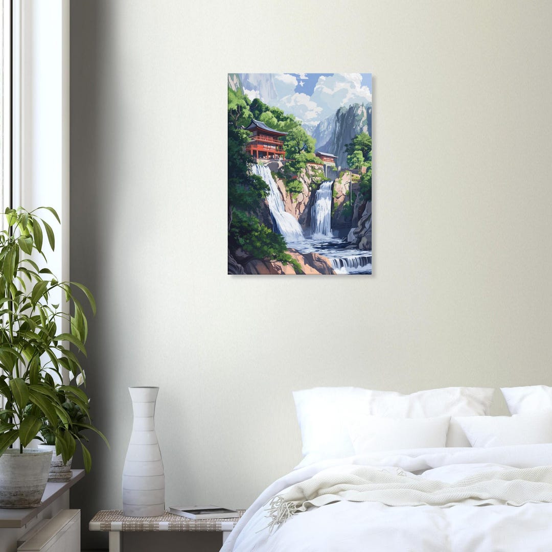 Traditional Japanese Temple Waterfall Wall Art on Canvas - Etsy