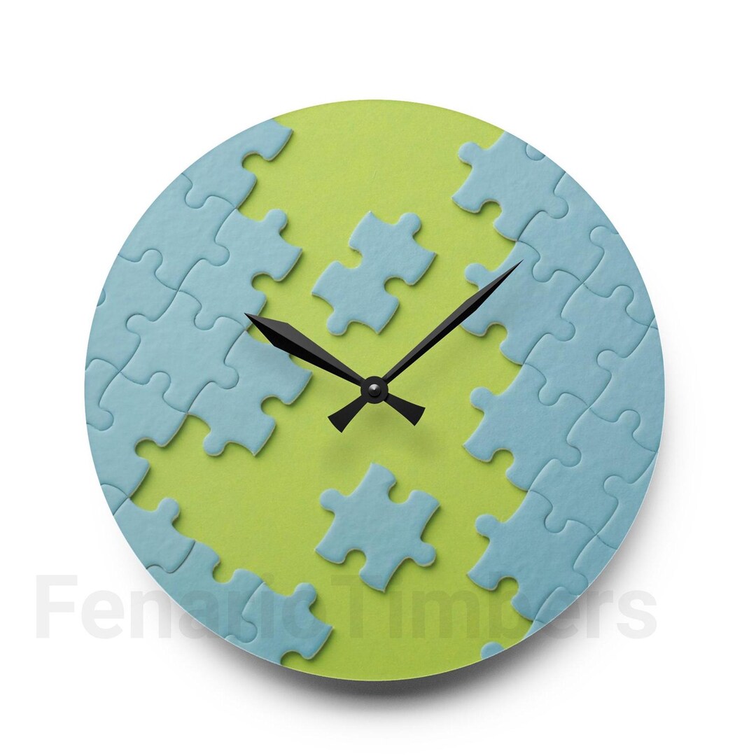 Puzzle Time Wall Clock, 8" or 10.75" Acrylic Green & Blue Quirky Jigsaw ...
