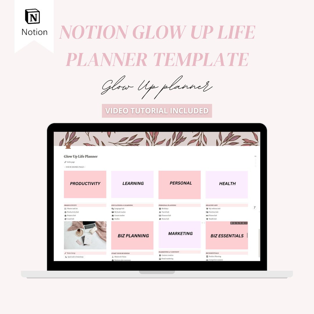 Glow up Notion Template Life Planner, Notion Aesthetic, Notion Planner ...