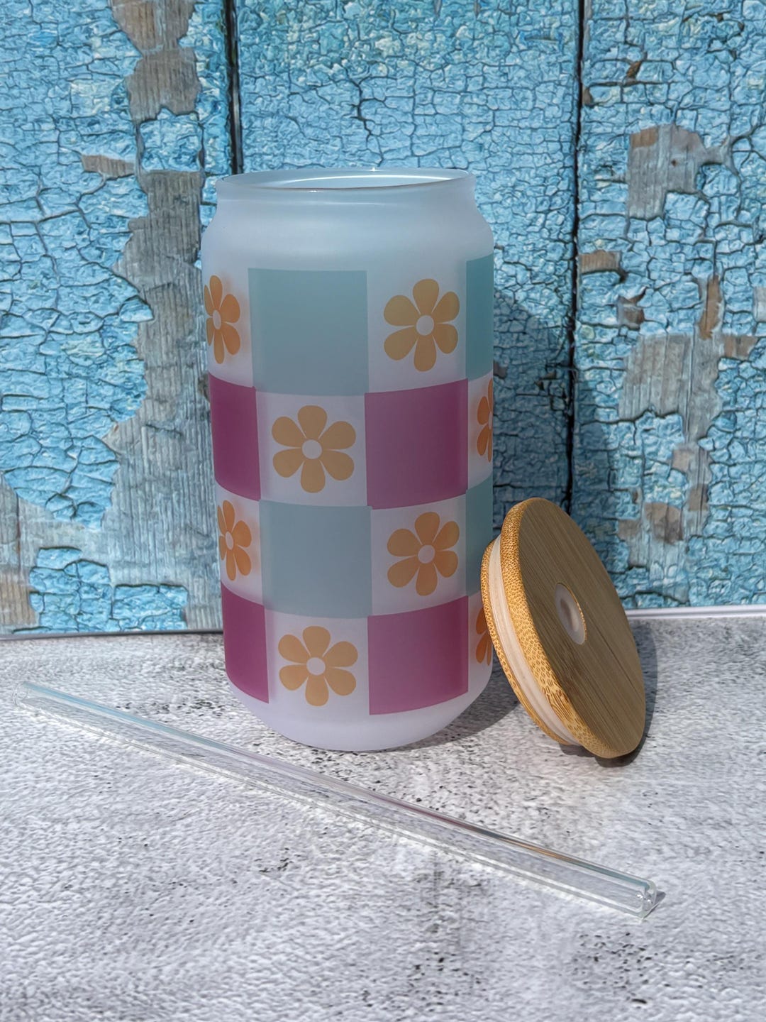 Checkered Pattern Glass Cup, Flower Glass Cup, Glass Can With Lid ...