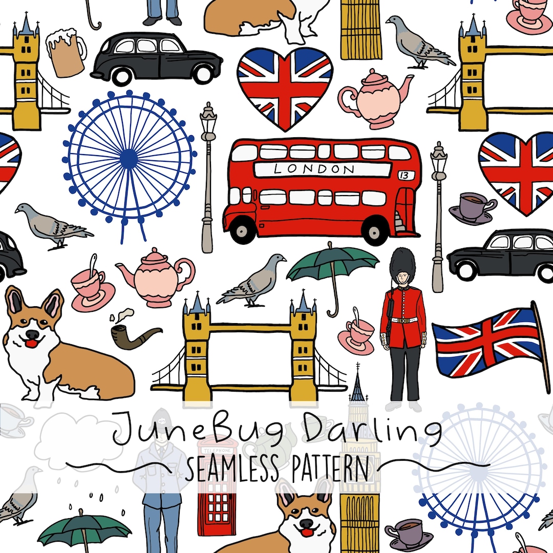 London Icons Seamless Repeat Pattern Hand Drawn Digital Art England PNG ...