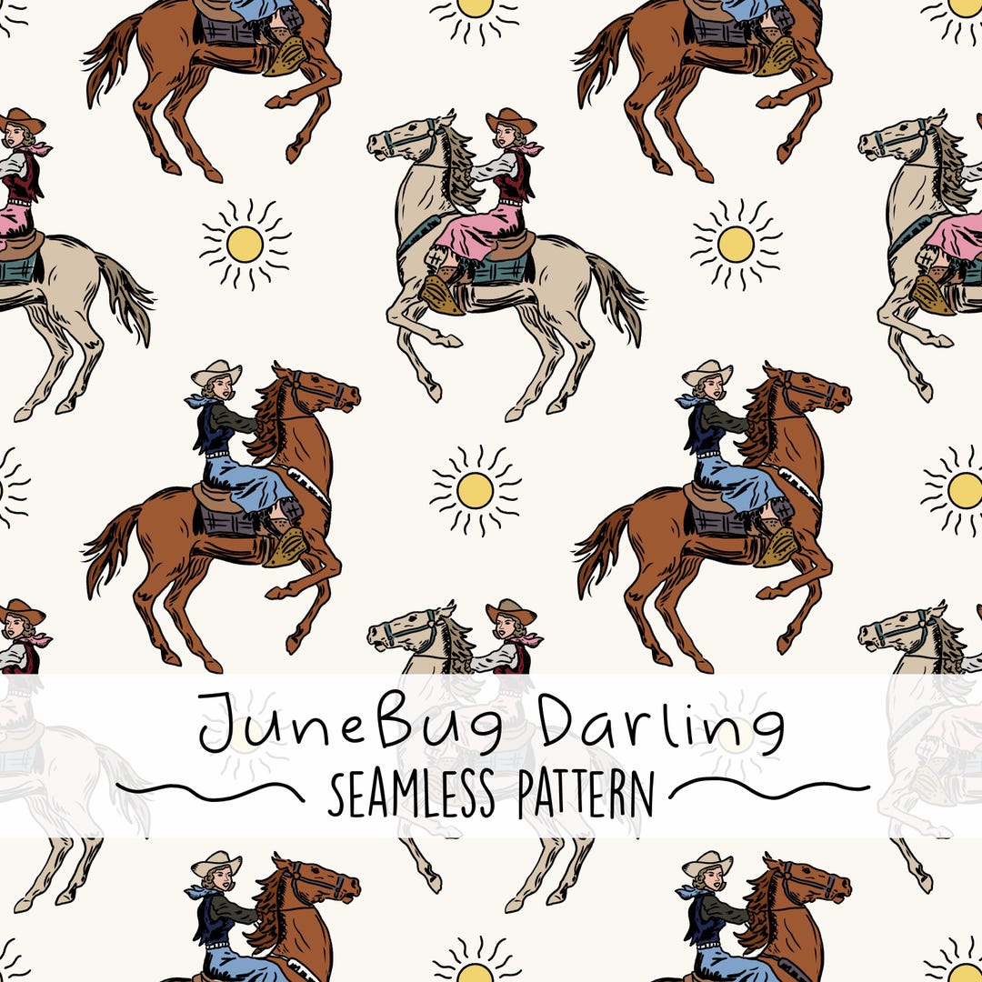 Retro Western Cowgirl Seamless Repeat Pattern Hand Drawn Digital Art ...