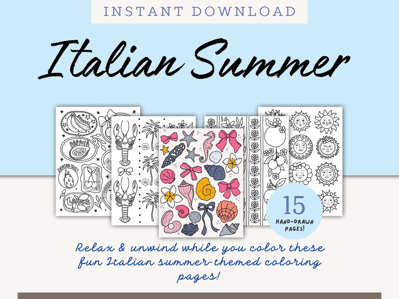 15 Summer Coloring Pages for Adults Kids Digital Download Hand Drawn ...