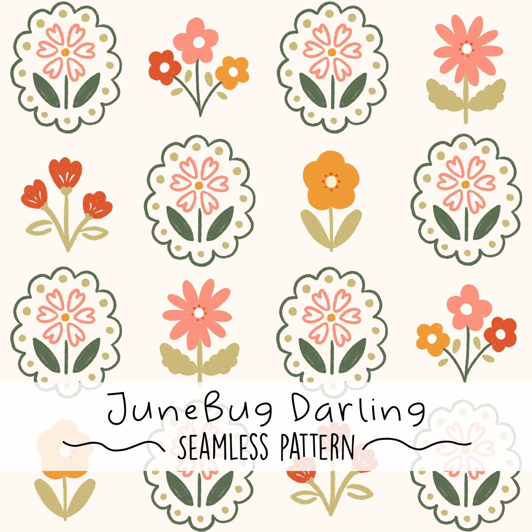 Retro Floral Seamless Repeat Pattern Hand Drawn Digital Art Spring PNG ...