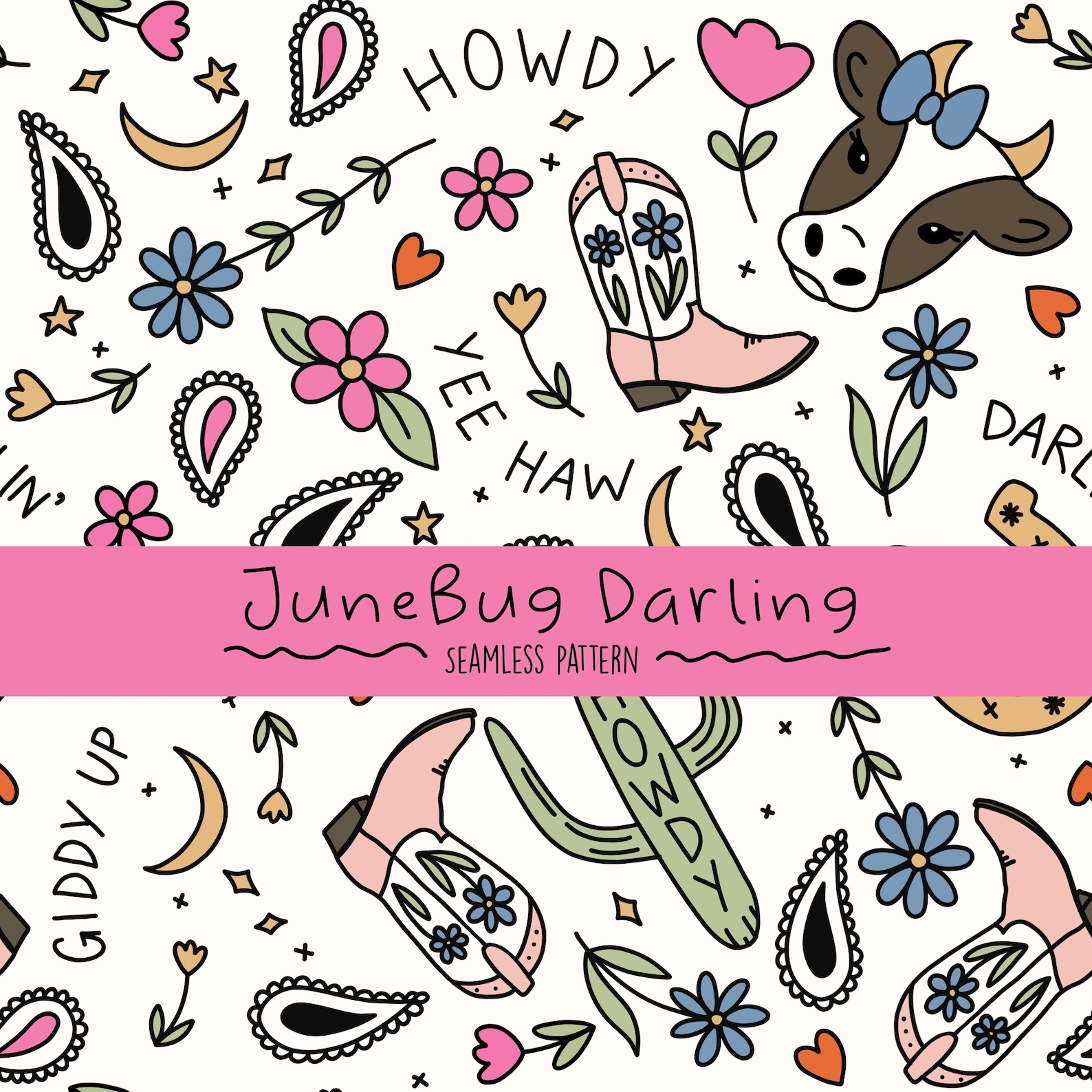 Cowgirl Western Seamless Repeat Pattern Pink Hand Drawn Digital Art ...