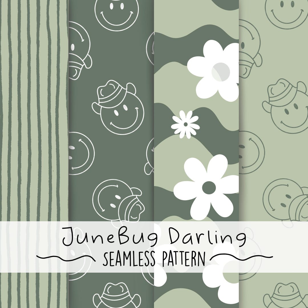 Retro Cowgirl Sage Green Seamless Repeat Patterns 4 Hand Drawn ...