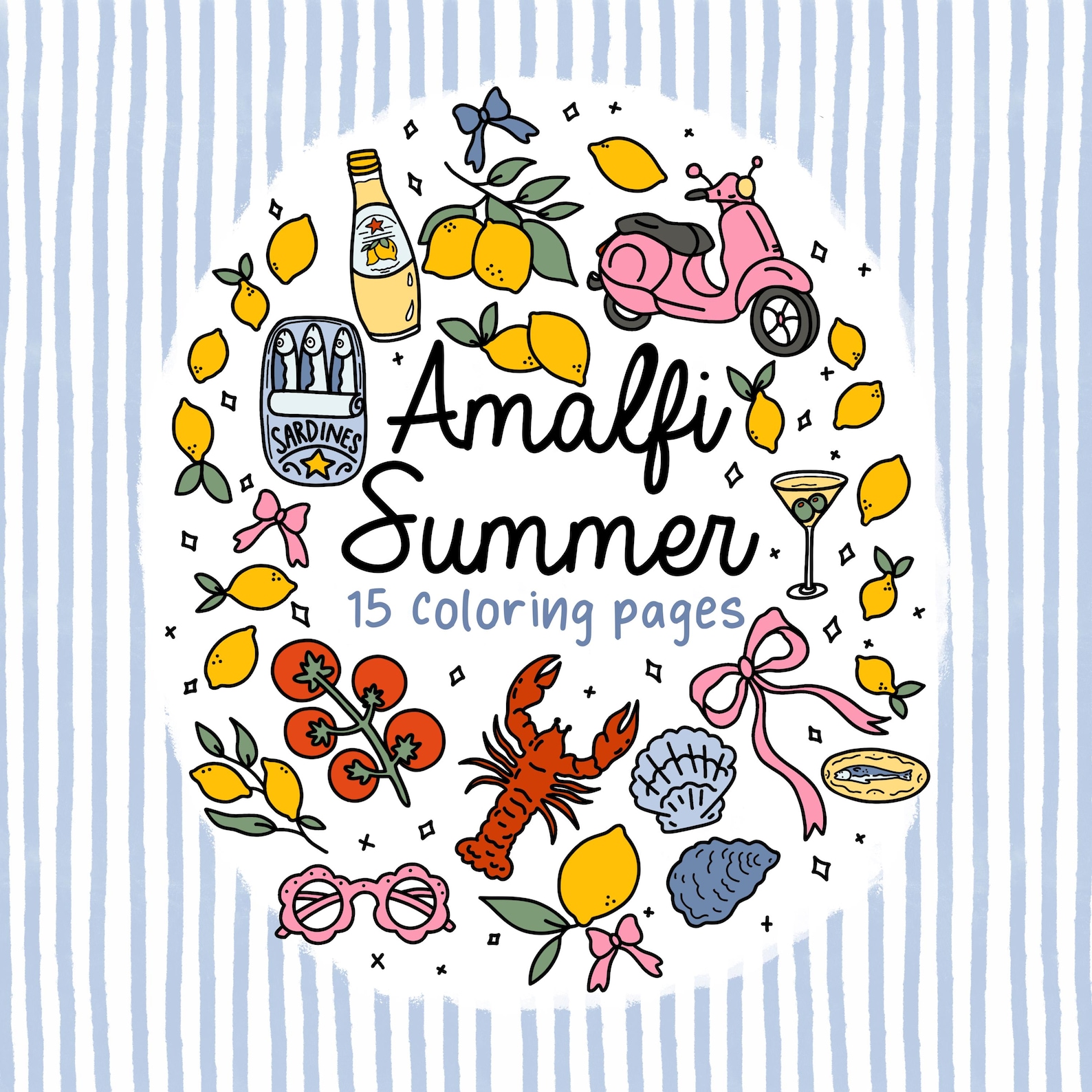 15 Summer Coloring Pages for Adults Kids Digital Download Hand Drawn ...