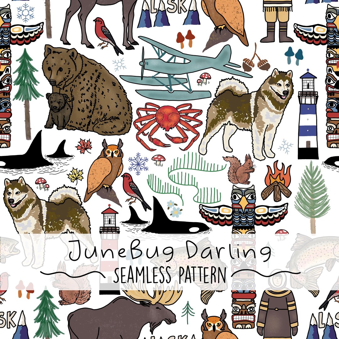 Alaskan Icons Seamless Repeat Pattern Hand Drawn Digital Art Alaska PNG ...