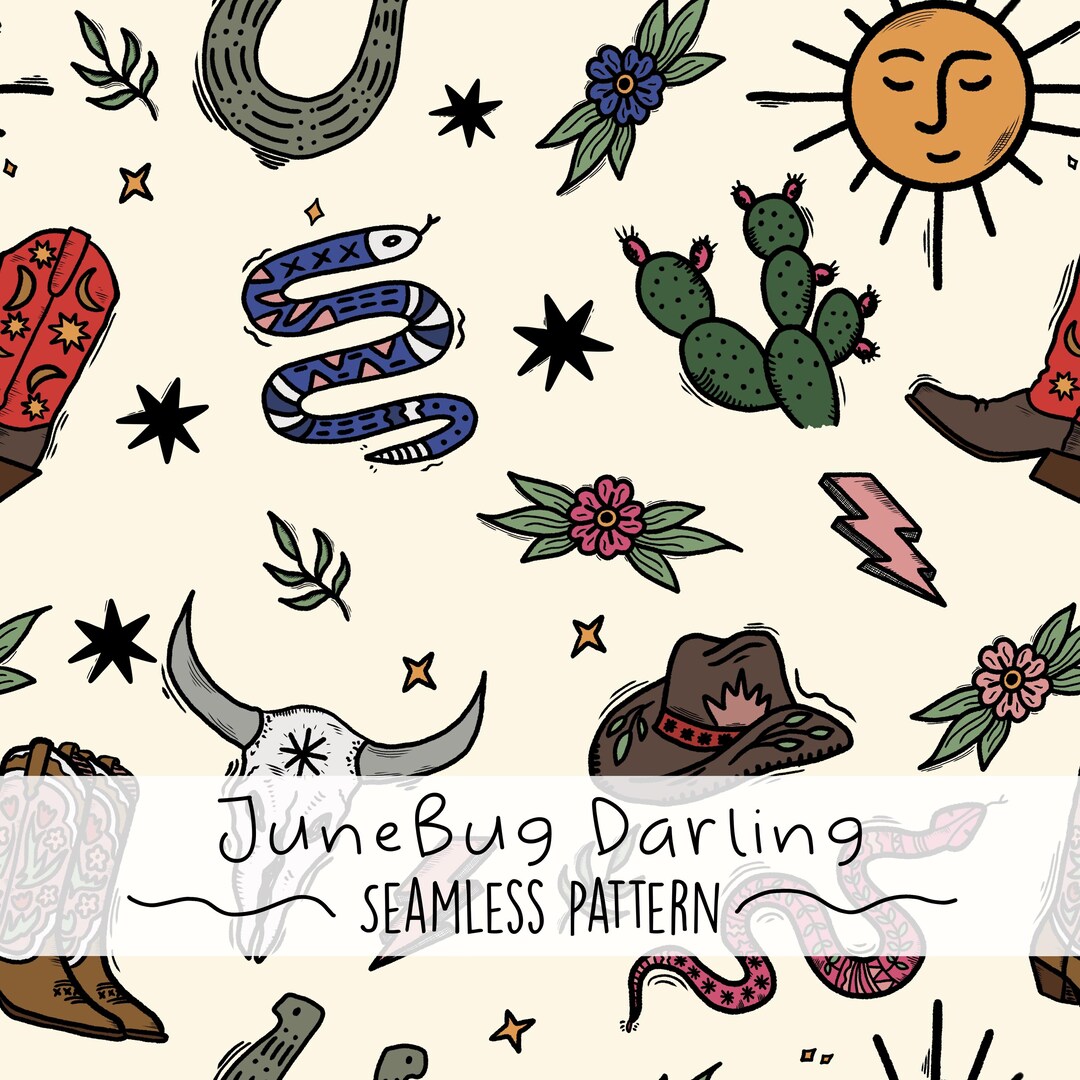 Retro Western Seamless Repeat Pattern Hand Drawn Digital Art PNG ...
